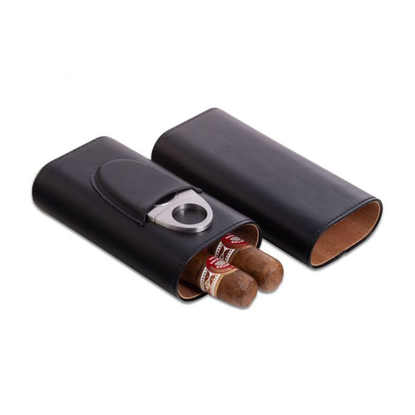 Leather 2 Cigar Carrying Case w/ Cutter - Black - SAMSON A Men's Emporium